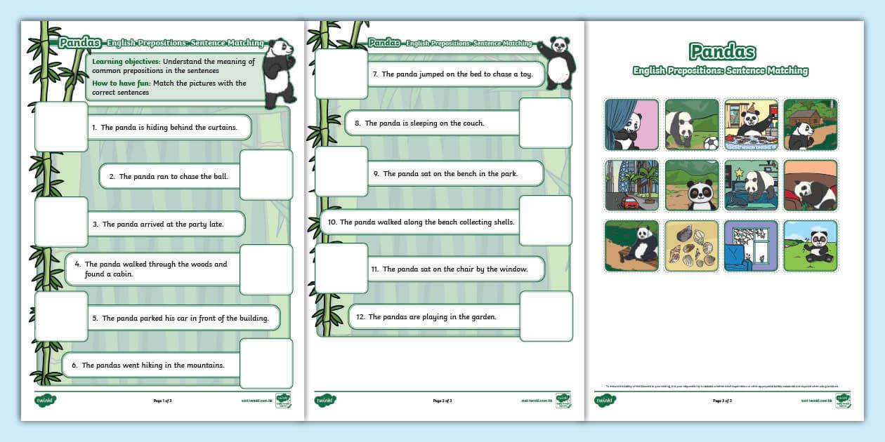English Prepositions: Sentences Matching (Pandas) | 英文熊貓介詞配對