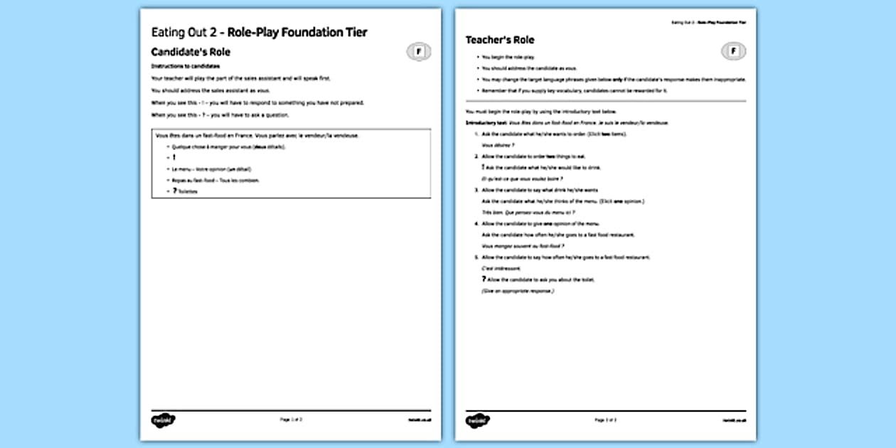 Eating Out 2 GCSE Foundation Tier Role-Play French