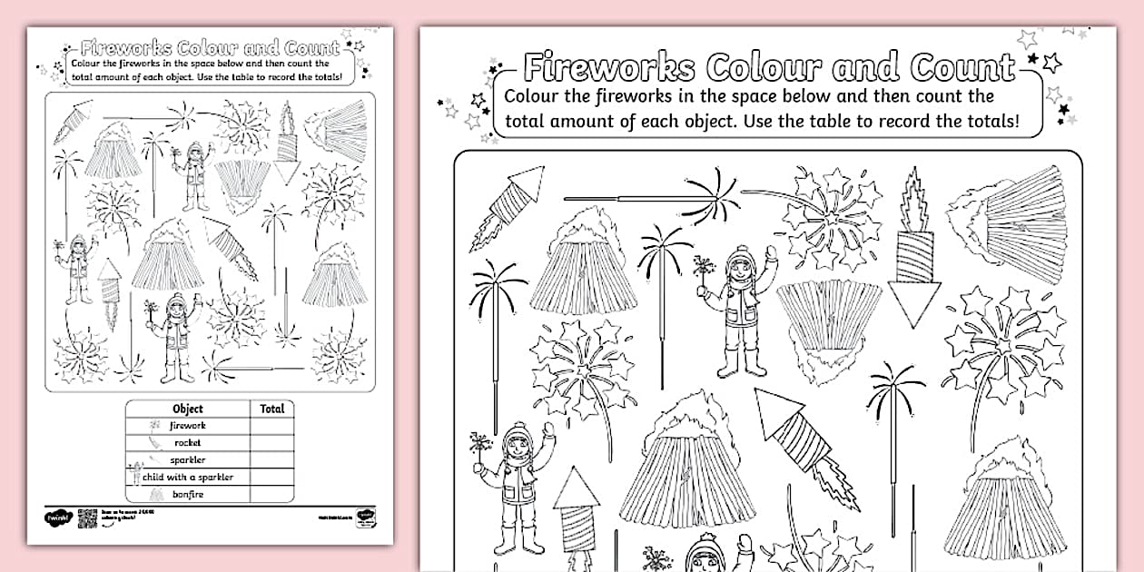 👉 Fireworks Colour and Count Worksheet (teacher made)