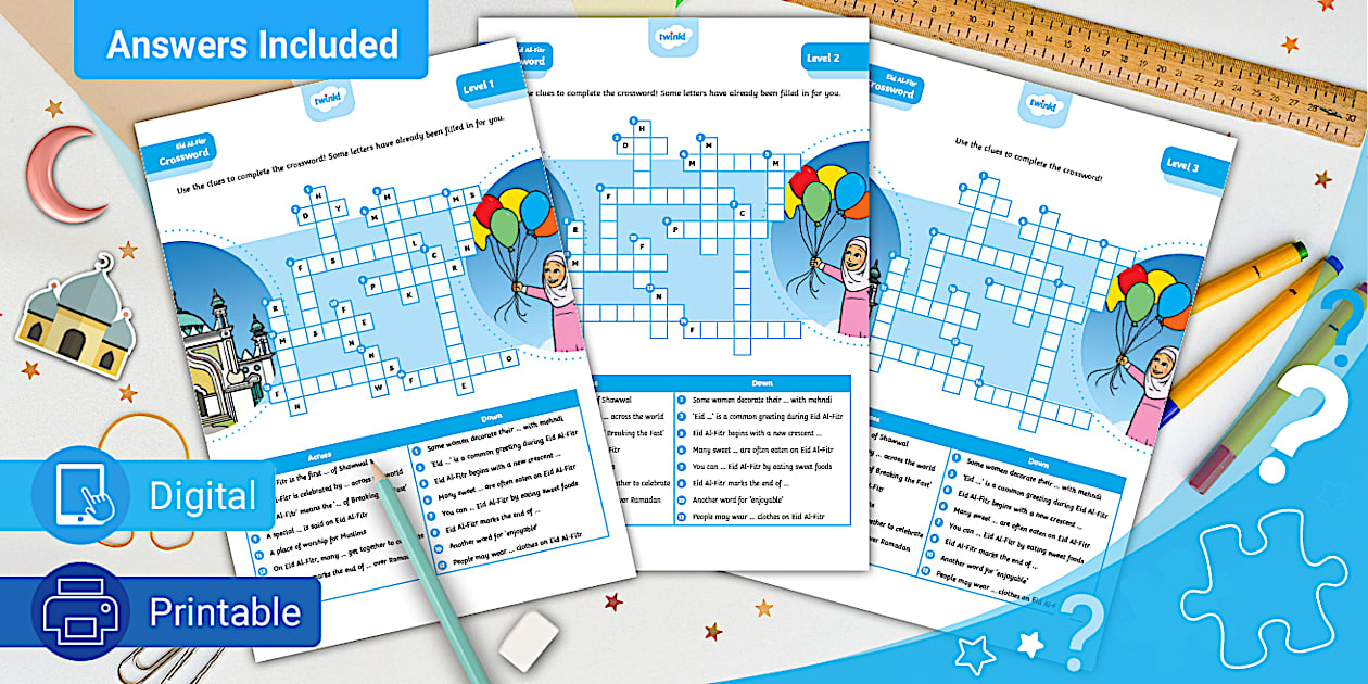 Eid Al-Fitr Kids Crossword Pack - All Difficulties - Twinkl