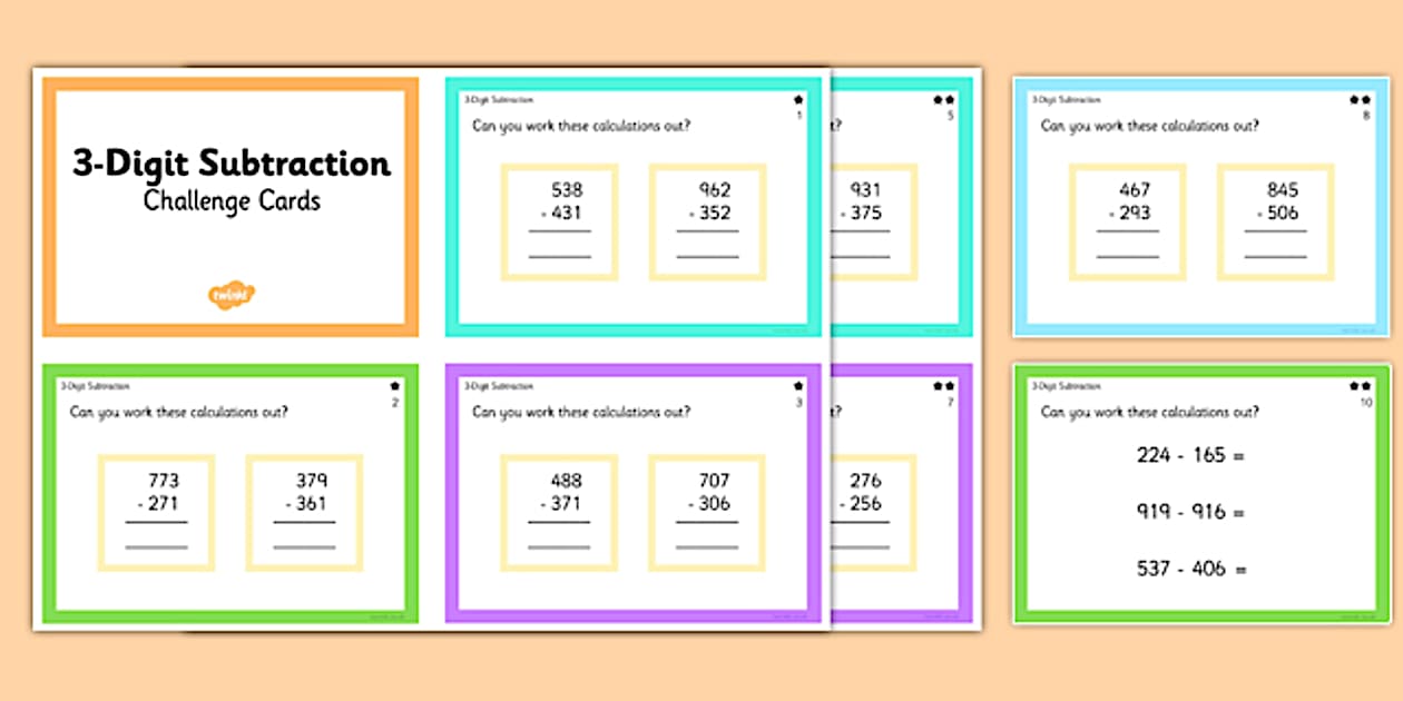 KS2 Maths 3-Digit Subtraction Challenge Cards -Subtraction, 3-digit, 3 ...