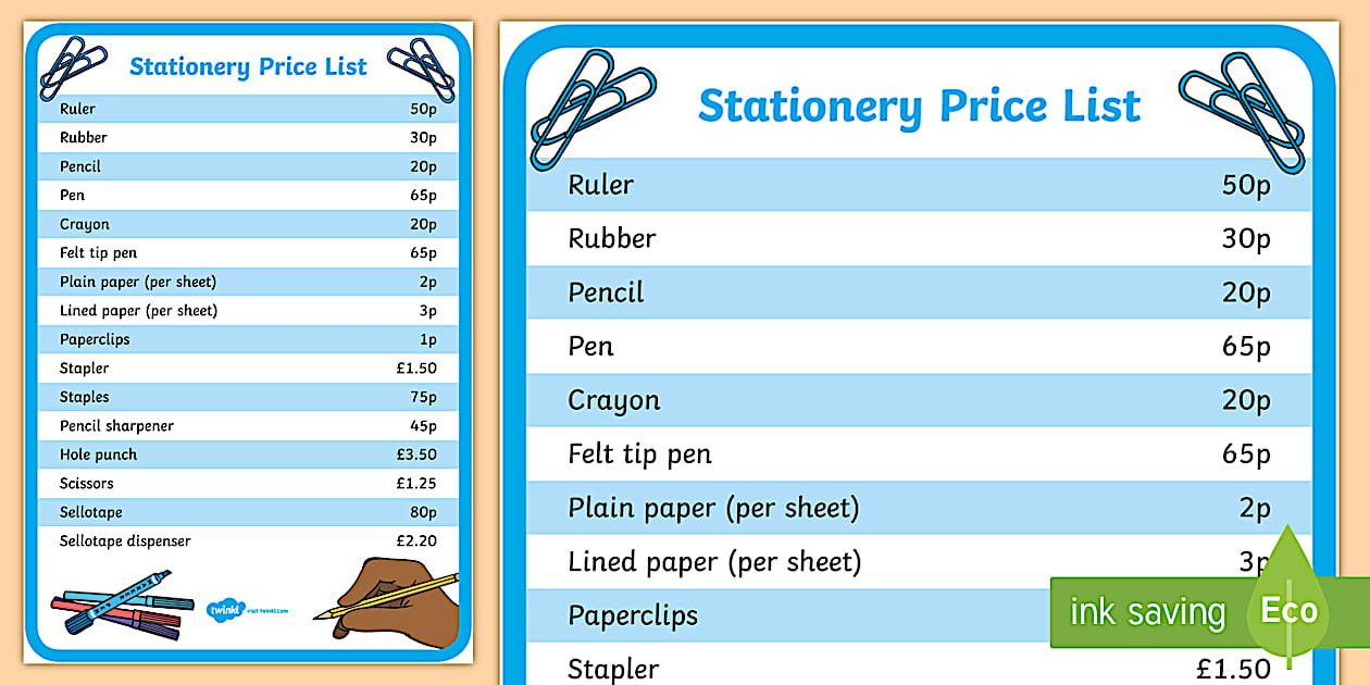 Classroom Stationery List with Prices - Primary Resources