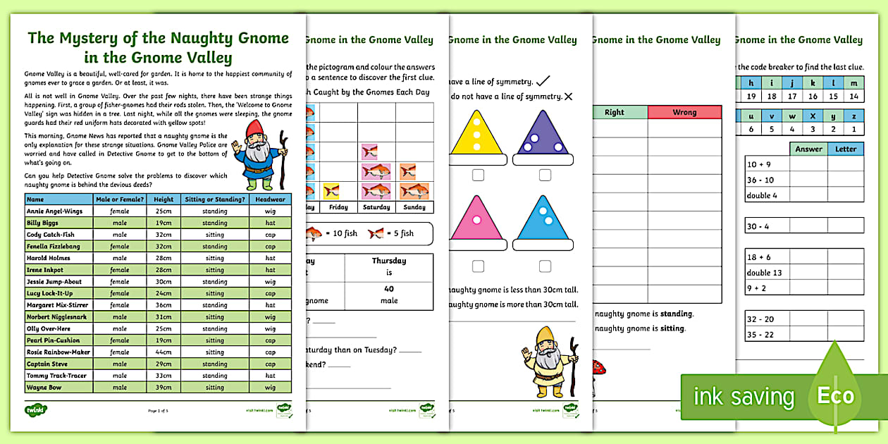 Editable Year 2 The Mystery of the Naughty Gnome Maths Mystery Game