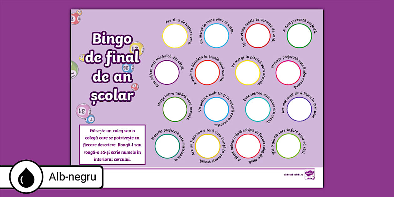 Bingo de final de an școlar – Fișă de activitate