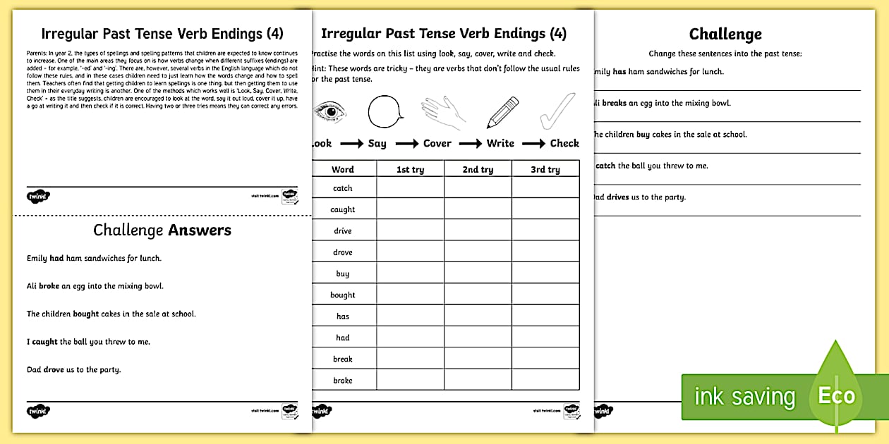 Year 2 Spelling Practice Irregular Past Tense Verb Endings (4) Homework