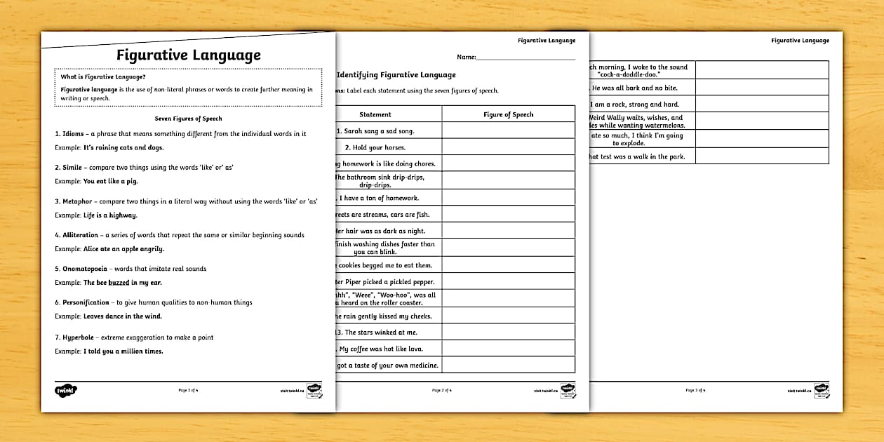 Identifying Figurative Language Worksheet Pack - Twinkl