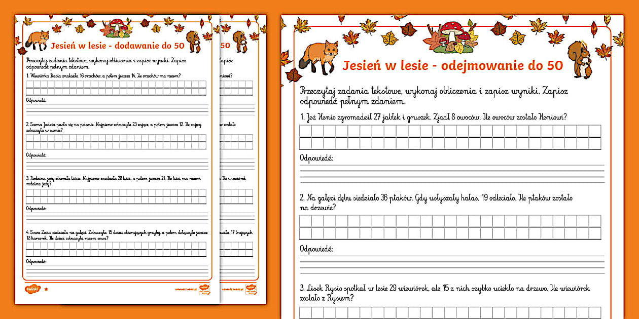 Jesień w lesie | Zadania tekstowe | Dodawanie i odejmowanie do 50
