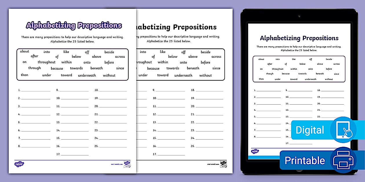 Prepositions Alphabetizing Worksheet for 3rd-5th Grade