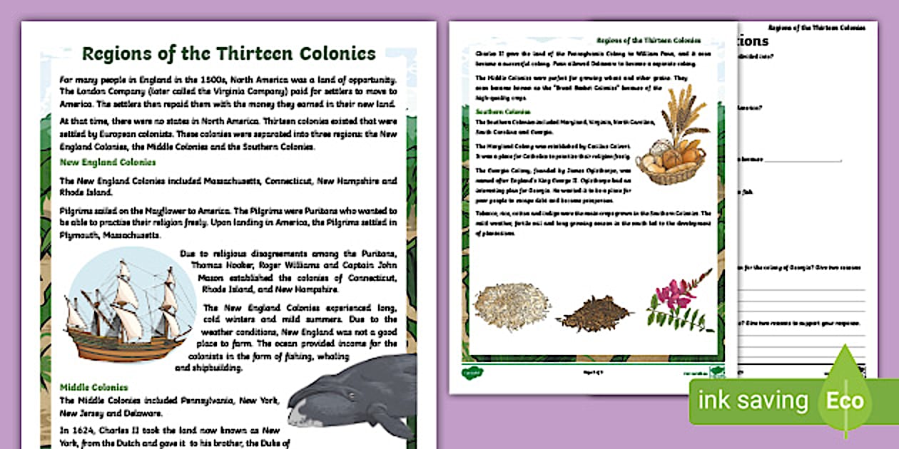 Regions of the 13 Colonies Reading Comprehension - Twinkl