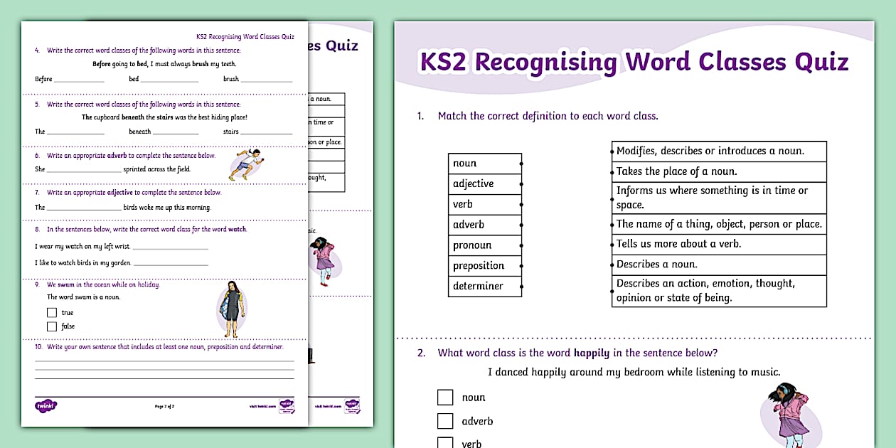 KS2 Recognising Word Classes Paper Quiz - Twinkl