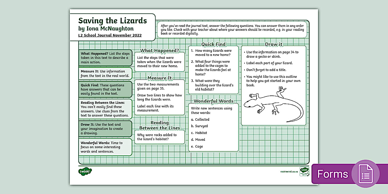 Level 2 November 2022 School Journal: Saving the Lizards (Comprehension)