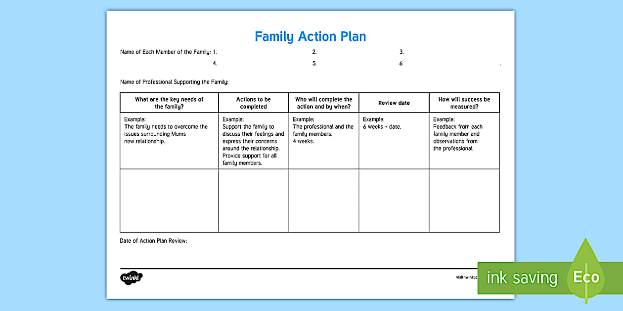 Editable Family Action Plan Template Young People & Families Case File