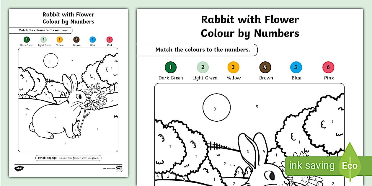 Rabbit with Flower Colour-by-Number Page | Twinkl | KS1