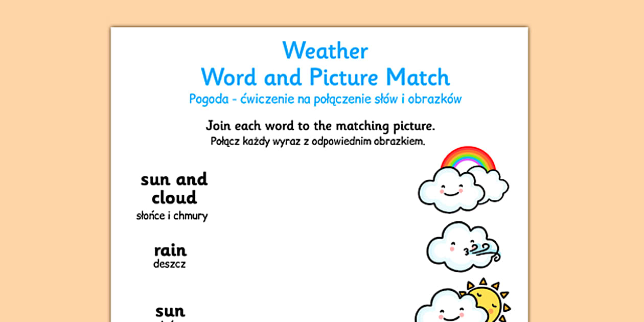 Weather Word and Picture Matching Worksheet Polish Translation