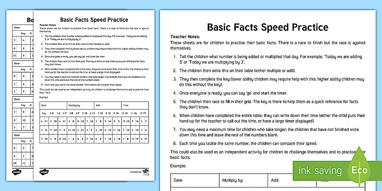 Basic Maths Facts Speed Test | Mathematics | Primary