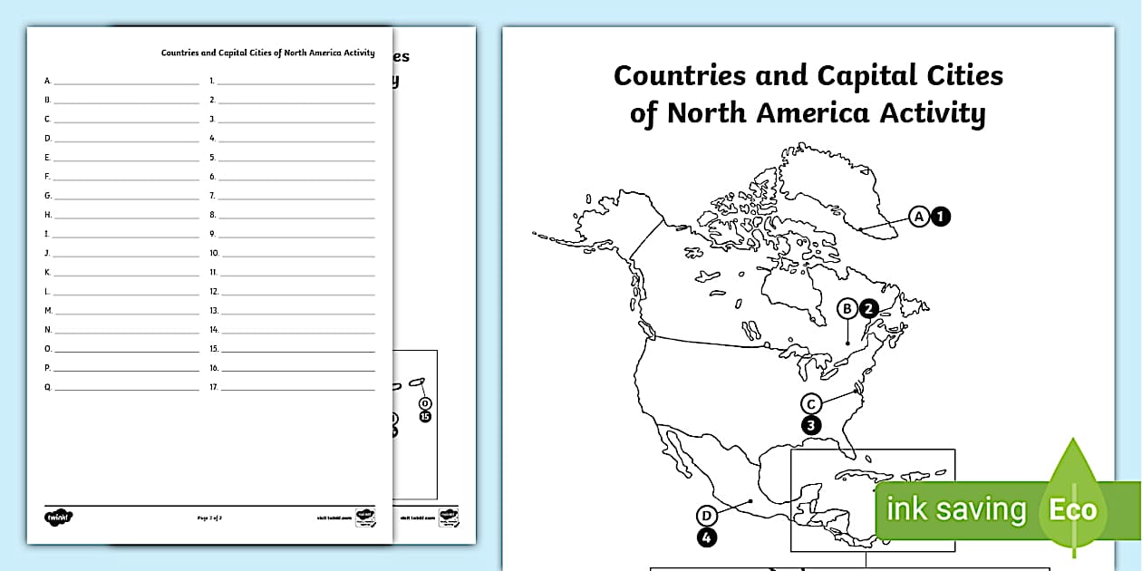 The Countries And Capital Cities Of North and Central America Labelling