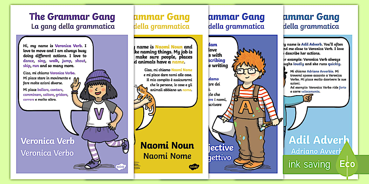 Grammar Gang Characters Display Posters English/Italian - Grammar Gang