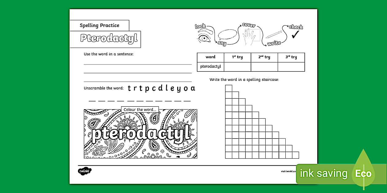 Pterodactyl Spelling Practice Worksheet - Twinkl