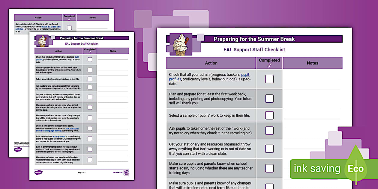 Preparing for the Summer Break - EAL Support Staff Checklist