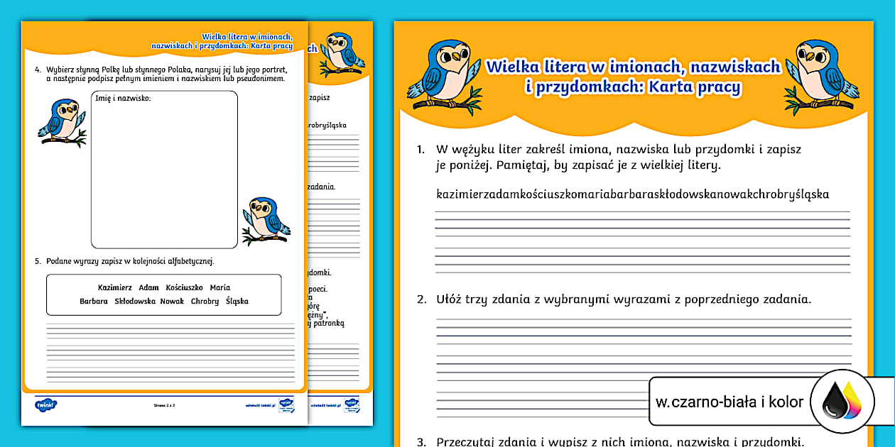 Sówka Ortografka | Wielka litera w imionach i nazwiskach | Karta pracy