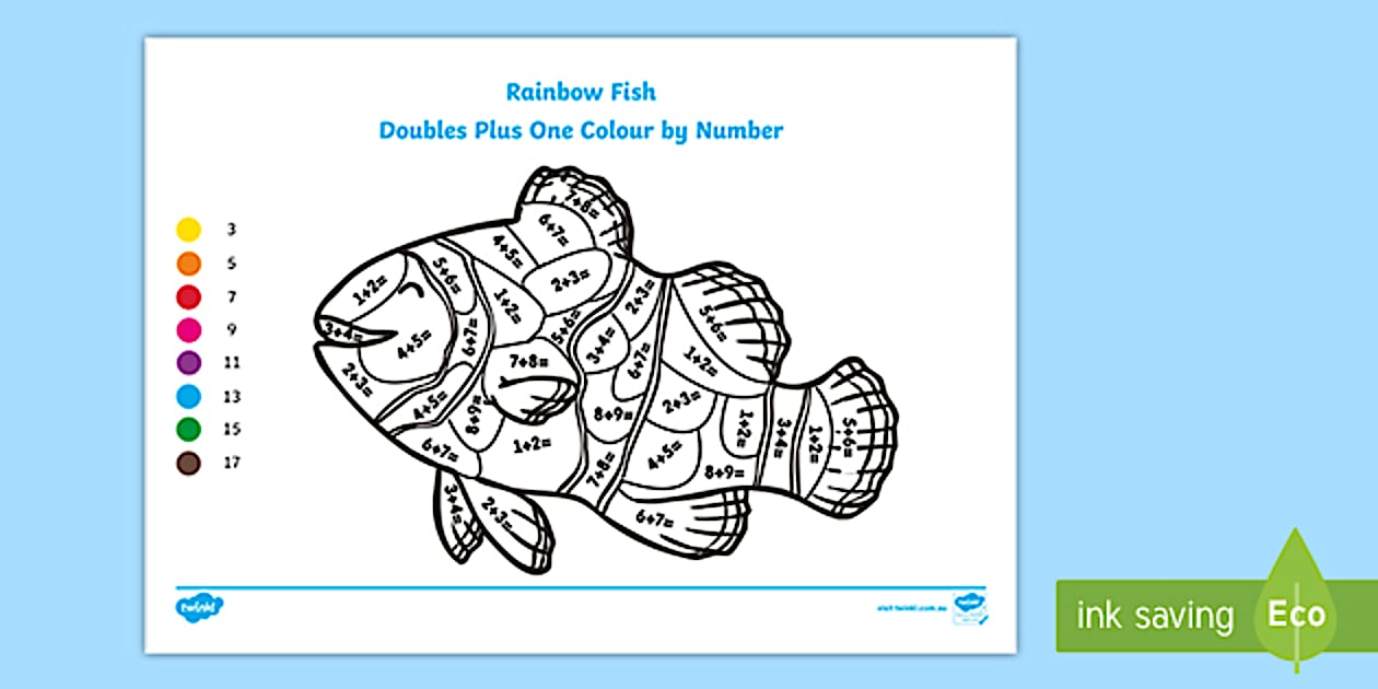 Rainbow Fish Colour By Number Worksheet - Doubles Addition
