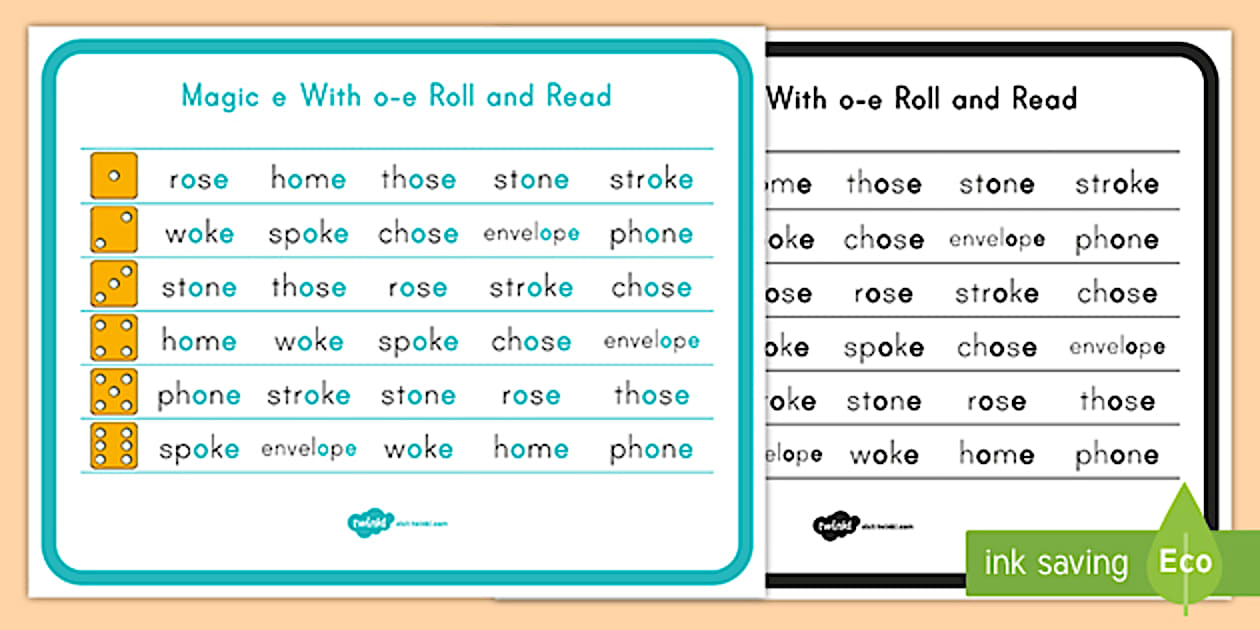 Magic e With o-e Words Roll and Read Worksheet - Twinkl