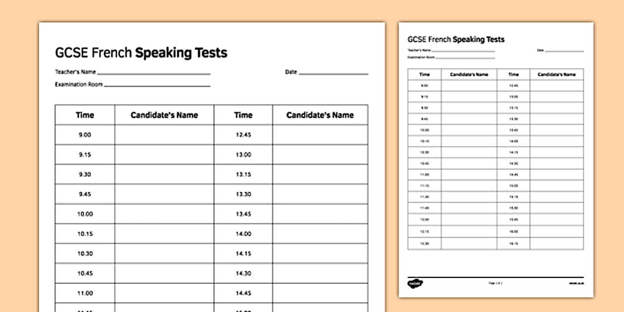 GCSE French Speaking Test Timetable Template (teacher made)