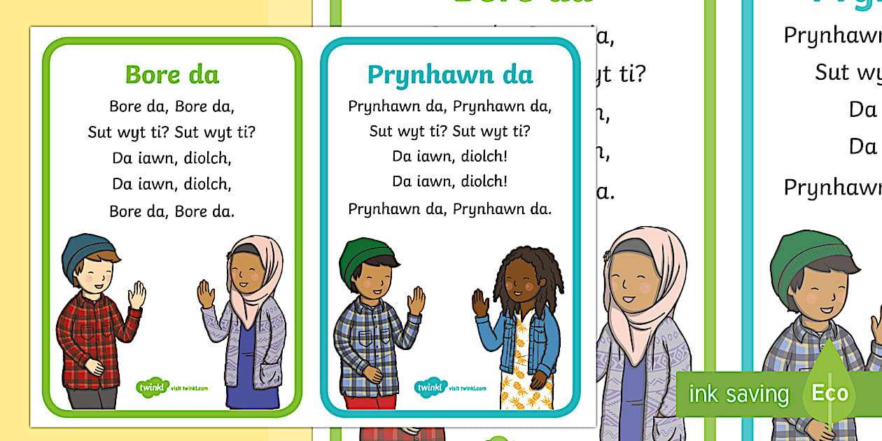 Hwiangerdd Bore Da a Phrynhawn Da yn Gymraeg (teacher made)