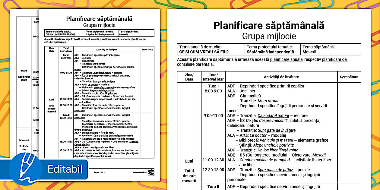 FREE! - Meserii – Model de planificare săptămânală grupa mijlocie