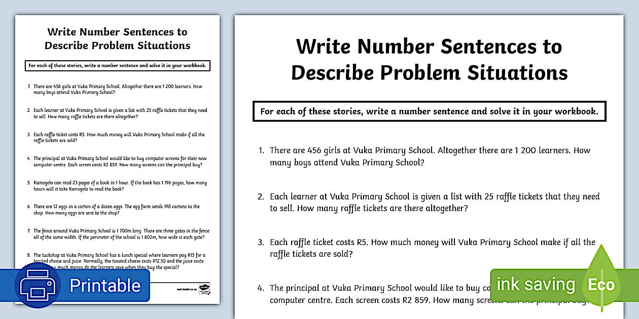 Write Number Sentences to Describe Problem Situations Activity Sheet