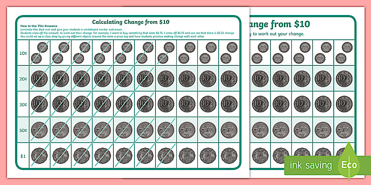 TAS Calculating Change from $10 Desk Mat (teacher made)