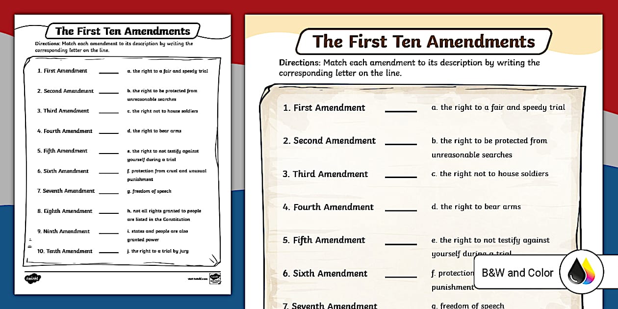 10 Amendments Worksheet | Constitution Day | Twinkl USA
