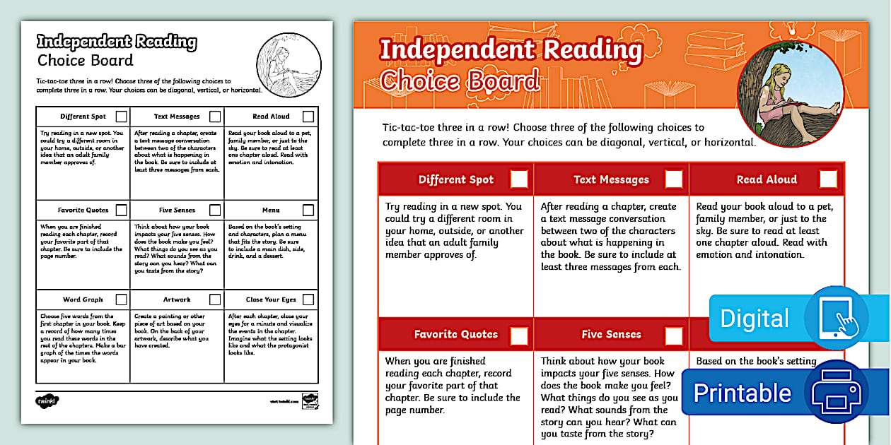 Independent Reading Choice Board (teacher made) - Twinkl
