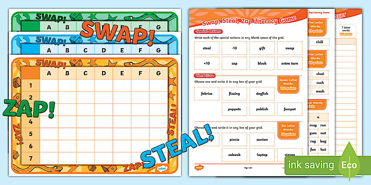 Swap, Steal, Zap Literacy Game and Instructions - Twinkl