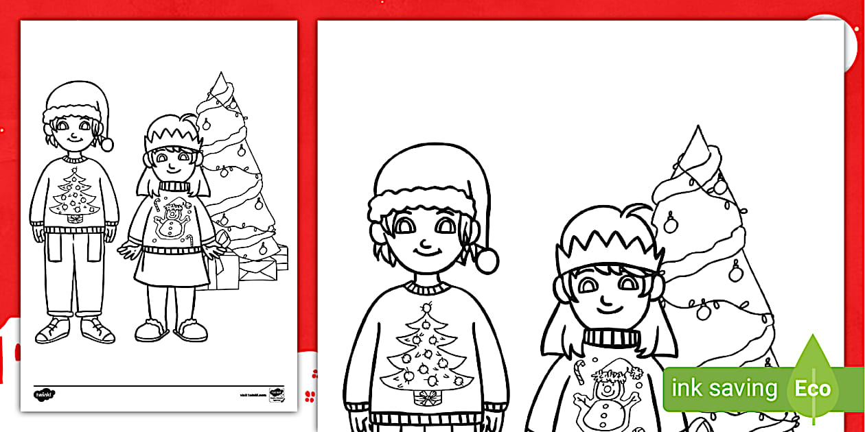Boy and Girl in Christmas Jumper Colouring Sheet | Twinkl