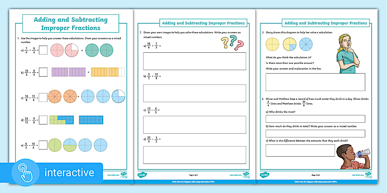 👉 Improper Fractions Addition and Subtraction Worksheets