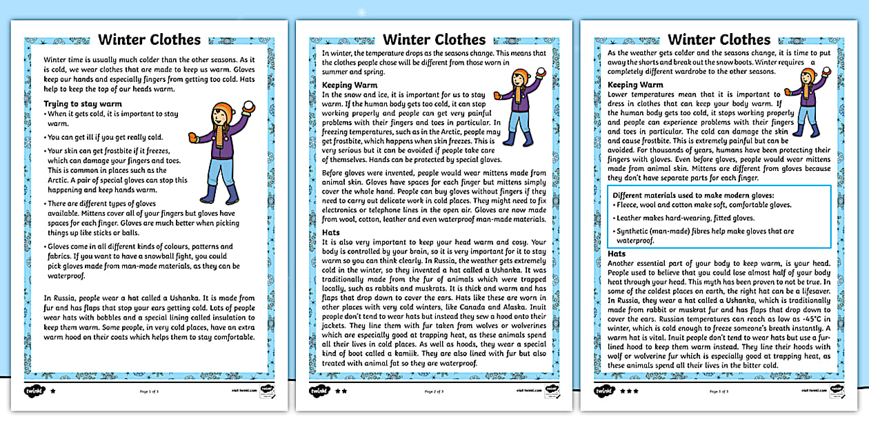 KS1 Winter Clothes Differentiated Fact File (teacher made)