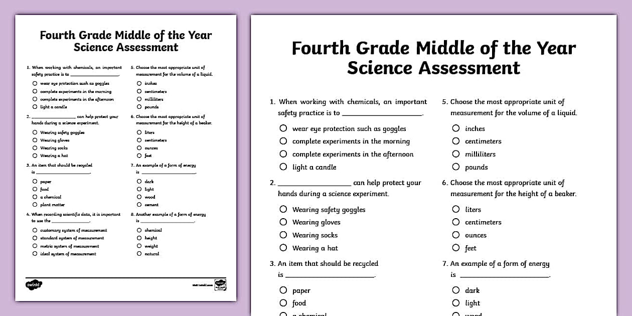 Fourth Grade Middle of the Year Science Assessment - Twinkl