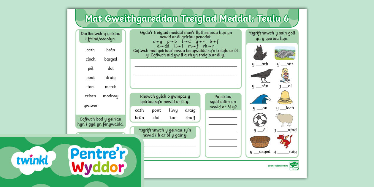 Mat Gweithgareddau Treiglad Meddal (ar ôl 'y'): Teulu 6