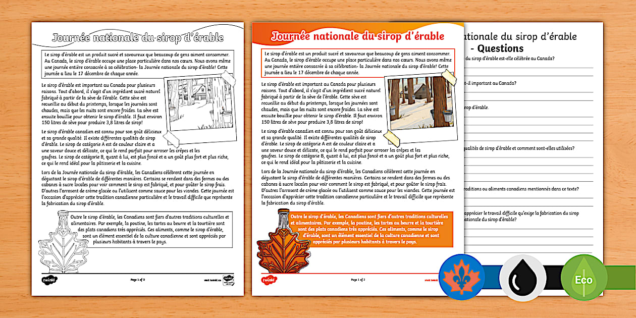 National Maple Syrup Day Reading Comprehension Activity Junior French