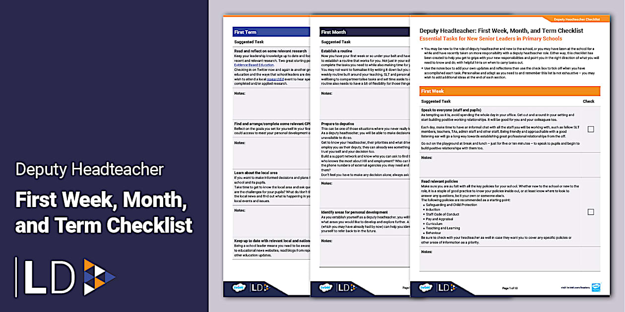 Deputy Headteacher First Week, Month, and Term Checklist