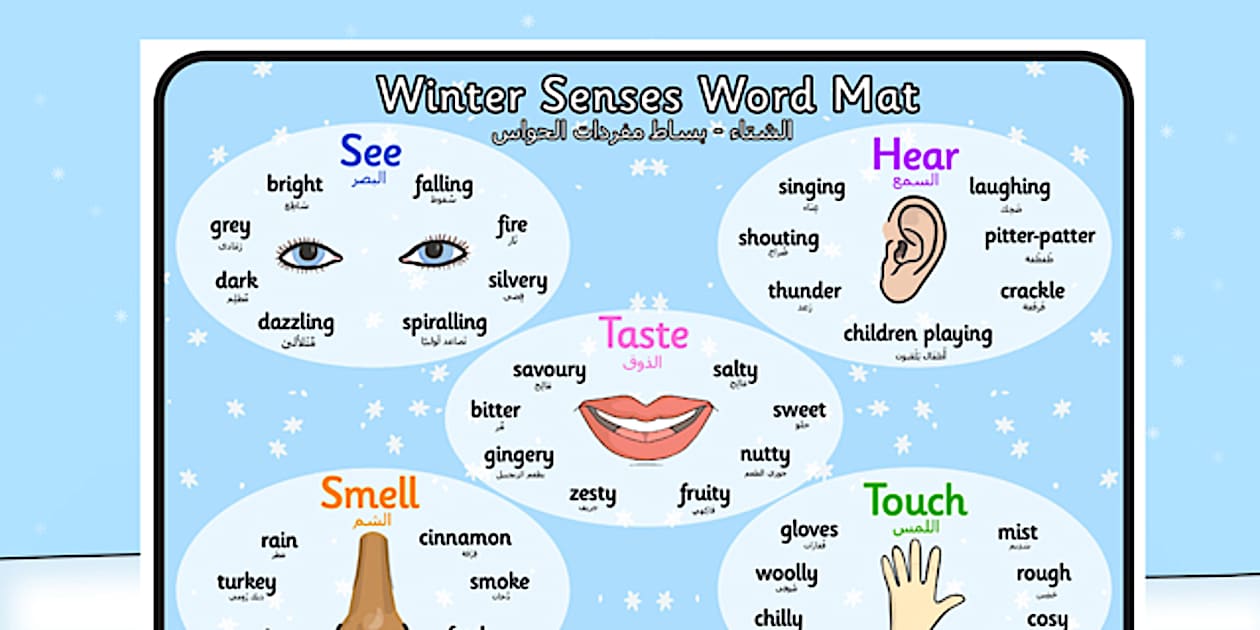 Winter Senses Word Mat Arabic Translation - Twinkl