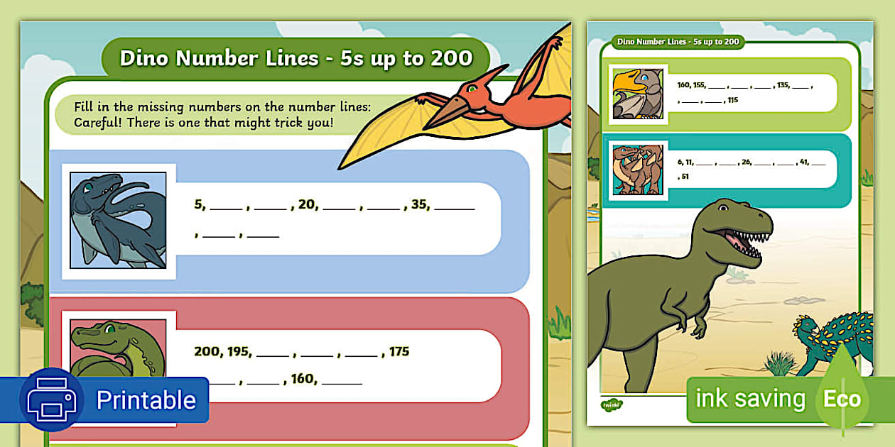 Grade 3 Maths: Dino Number Line - 5s up to 200 - Twinkl
