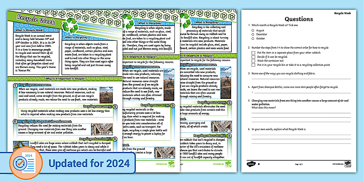 UKS2 Recycle Week Differentiated Reading Comprehension Activity