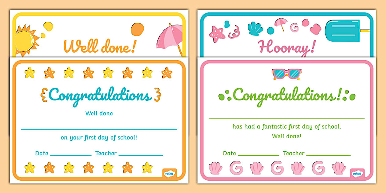 Summer Vibes Themed First Day at School Certificates