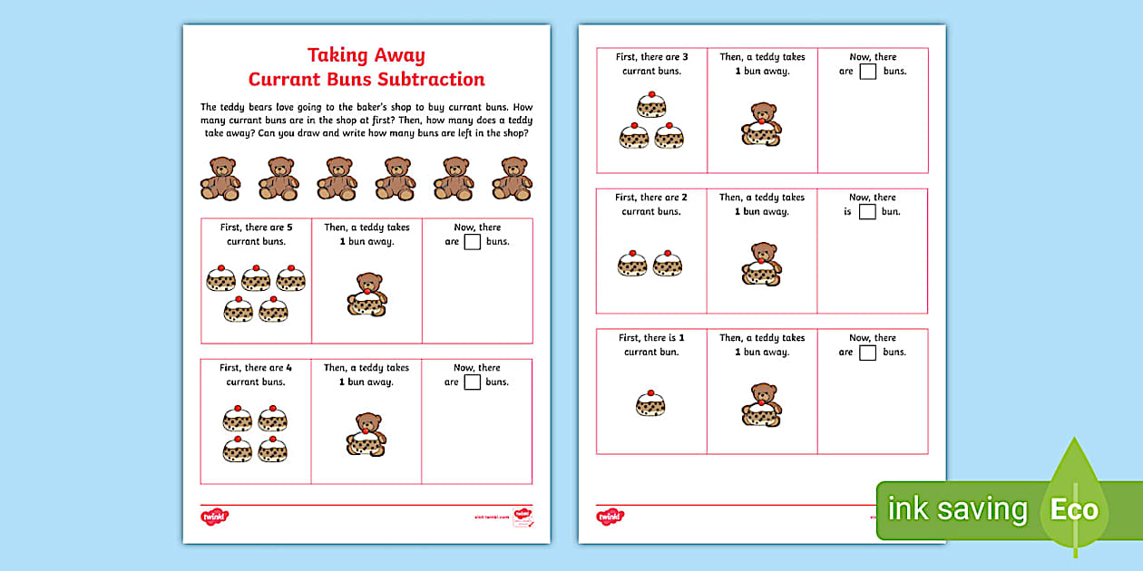 Editable Taking Away Currant Buns Subtraction Worksheet