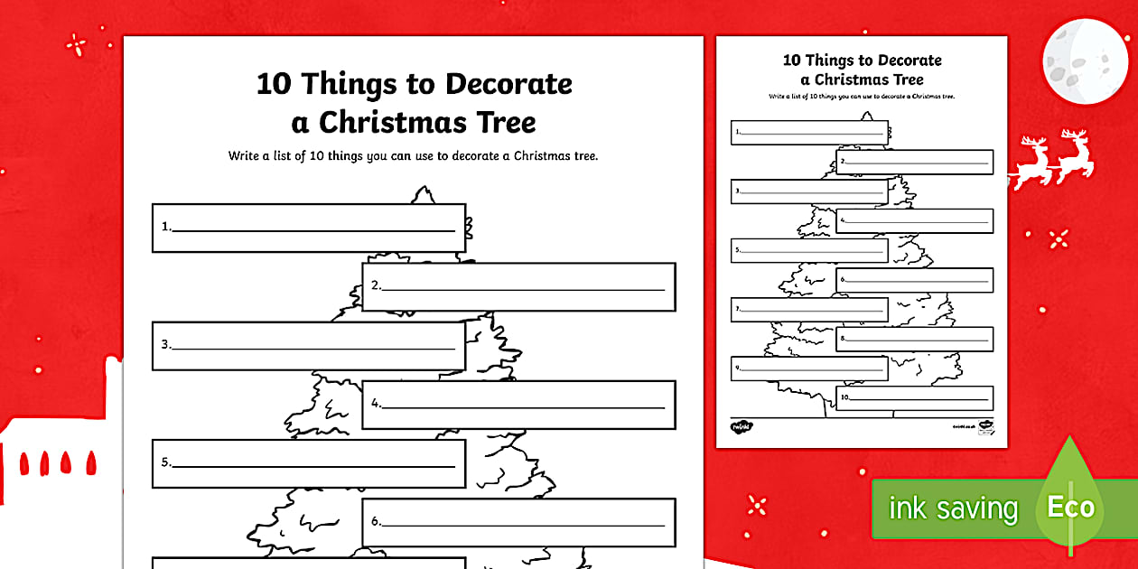 Editable 10 Things to Decorate a Christmas Tree Writing Worksheet