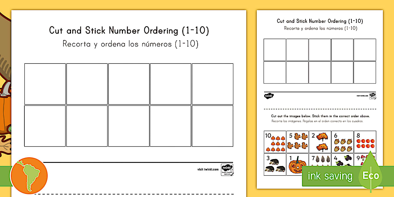 Fall Themed Cut and Stick Number Ordering Sheet 1-10 English/Spanish