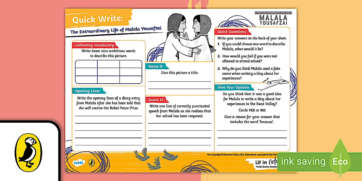 FREE! - Malala Yousafzai Worksheet | Lit in Colour | Twinkl