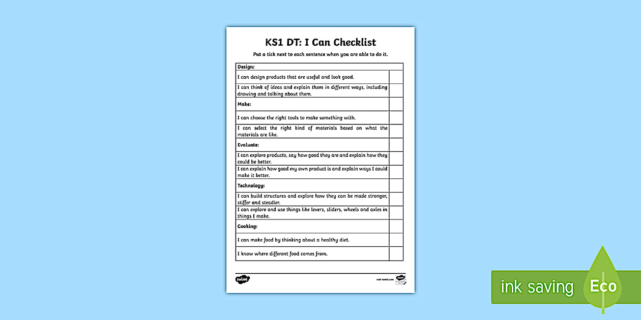 KS1 I Can Design Technology Statements Checklist - Twinkl